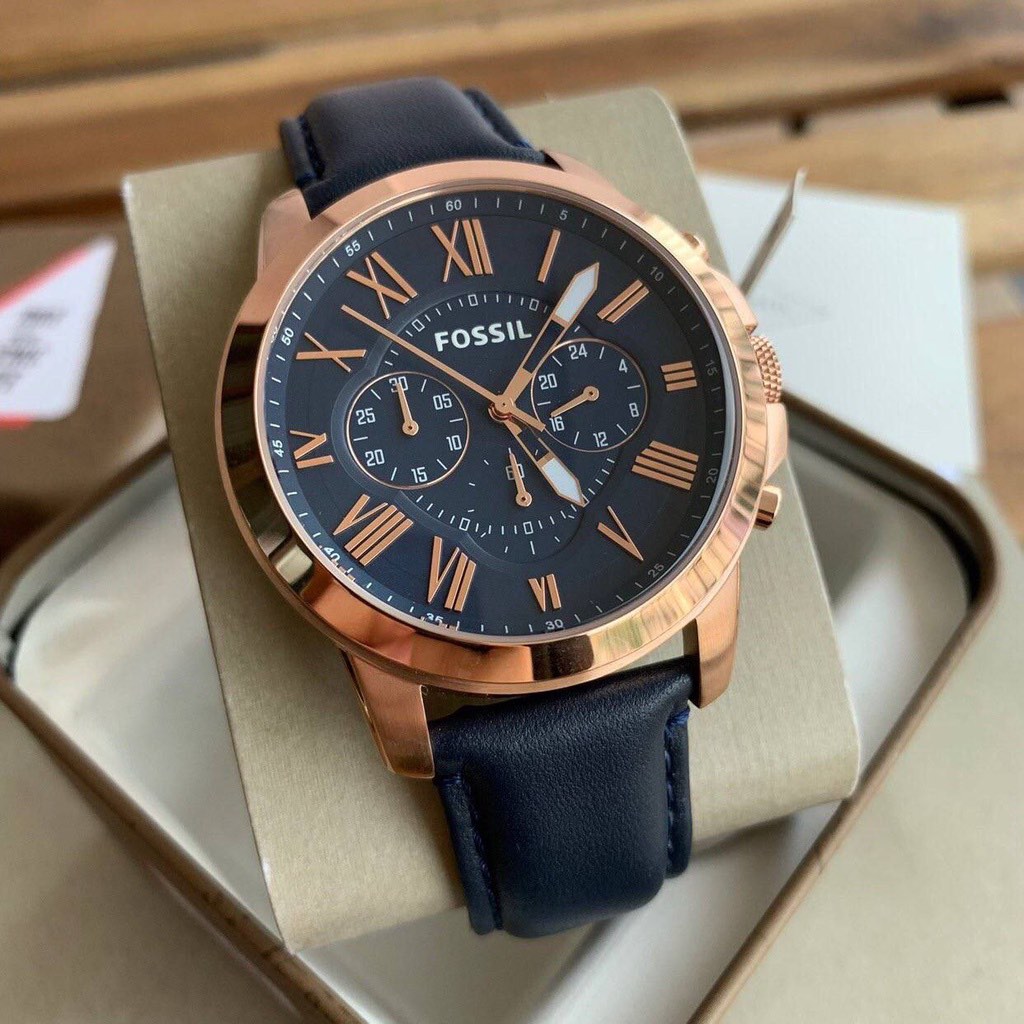 Fossil Men Watch Grant Chronograph Navy Leather Watch, Men's Fashion ...