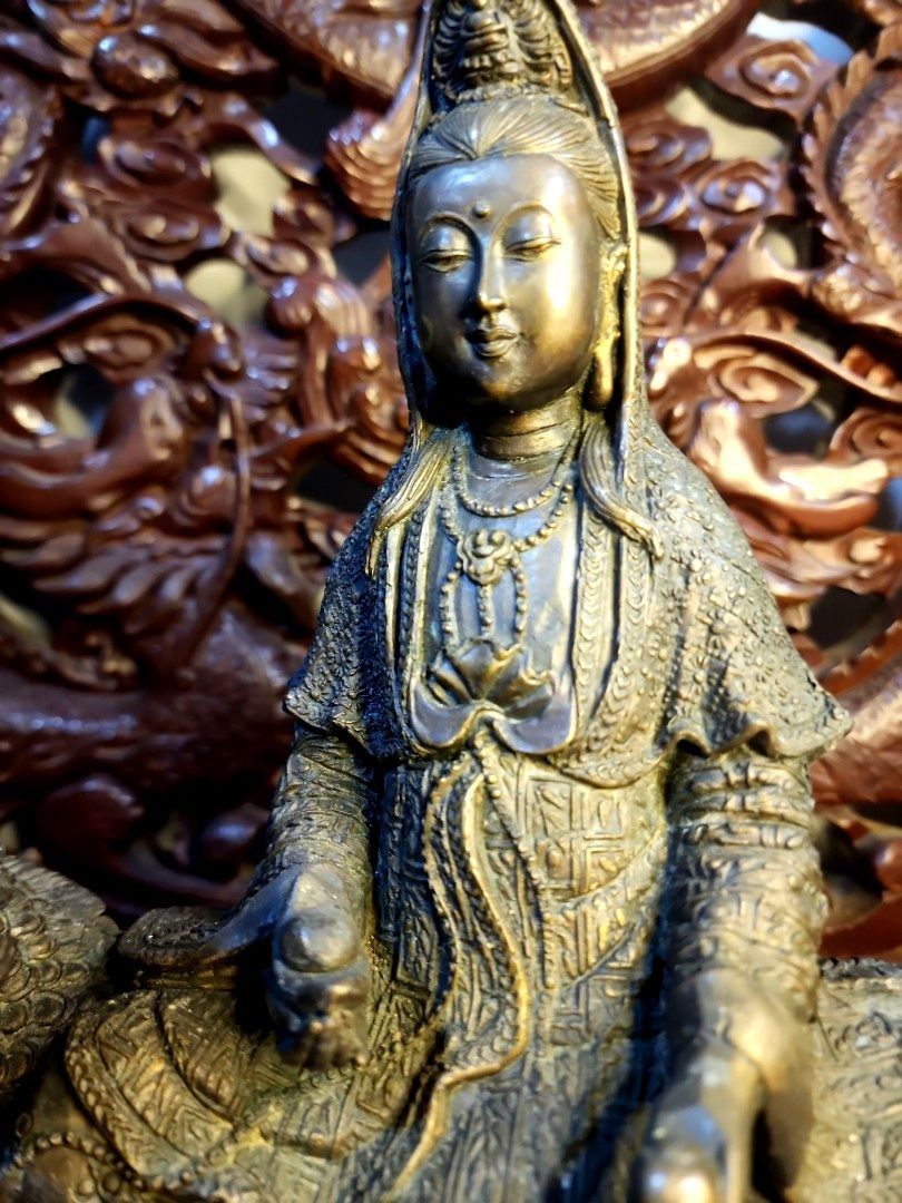 kwan yin bronze statue on mystical animal heavy, Hobbies & Toys ...