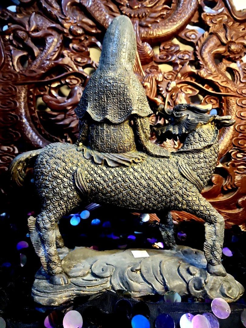 kwan yin bronze statue on mystical animal heavy, Hobbies & Toys ...