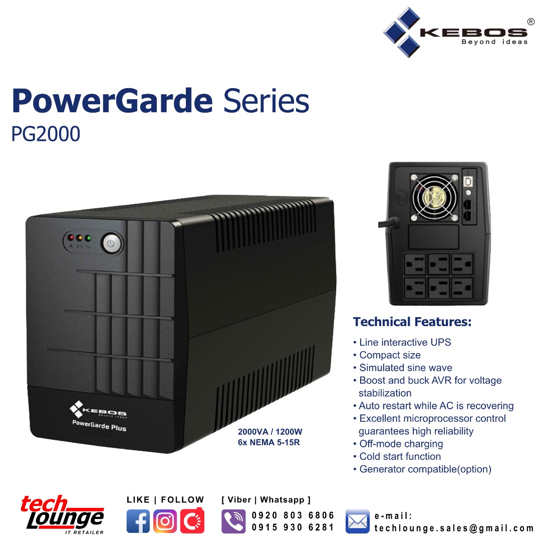 KEBOS PowerGarde PG2000 2000VA/1200W Line Interactive UPS, USB & RJ-45 Ports, 6x NEMA 5-15R ...