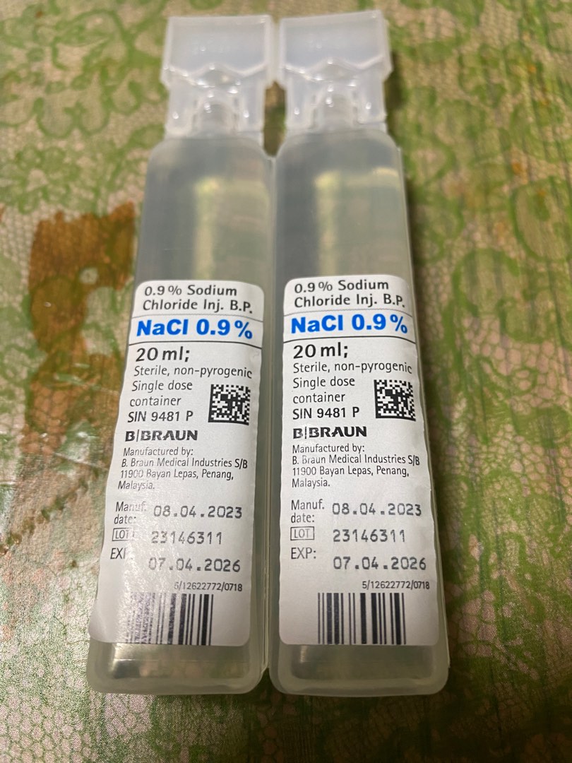 NaCl 0.9% B. Braun saline solution 20ml tube (40 cents each), Health & Nutrition, Medical ...