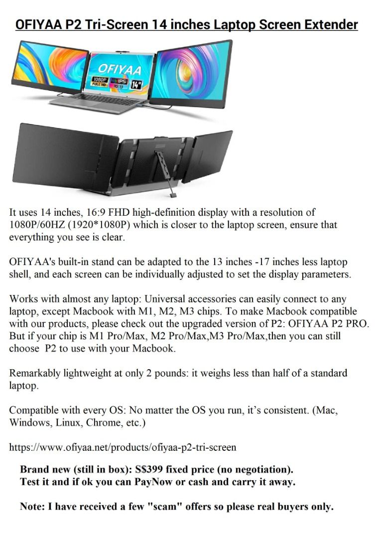 OFIYAA P2 Tri-Screen 14 inches Laptop Screen Extender, Computers & Tech ...