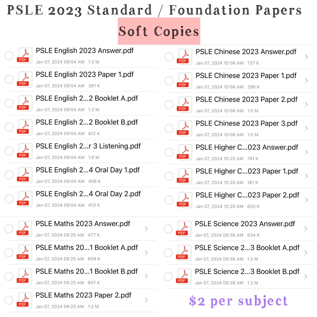 PSLE Papers 2023 Standard/Foundation Subjects English Math Science ...