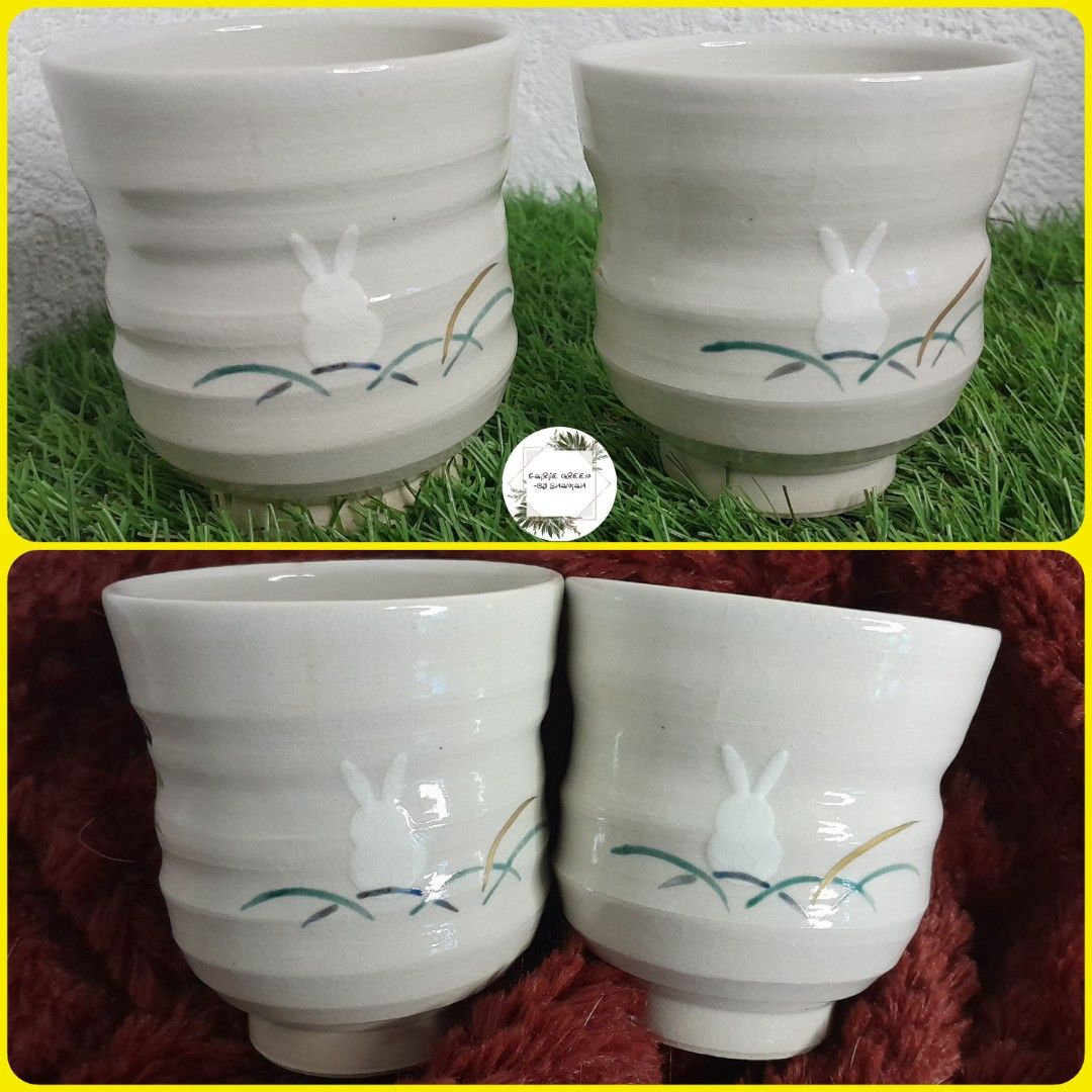 RABBIT-Vtg.Japanese Kiyomizu Ware Pottery Pair of Tea Cups(Marked ...