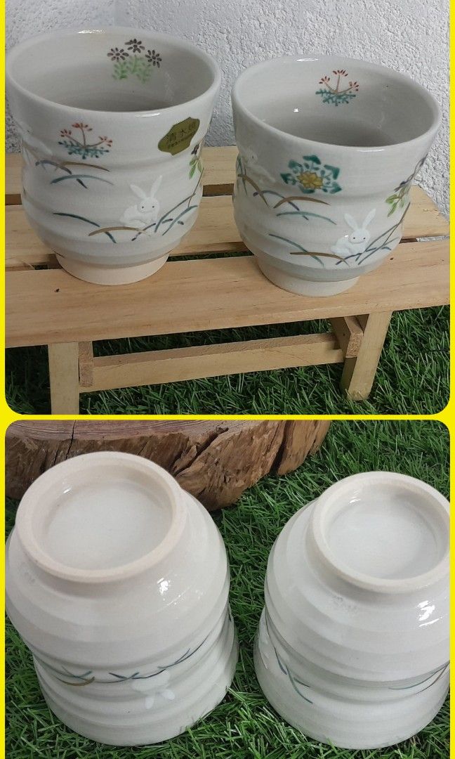 RABBIT-Vtg.Japanese Kiyomizu Ware Pottery Pair of Tea Cups(Marked ...