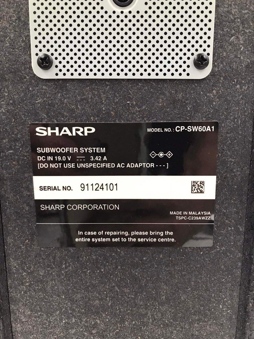 SHARP CP-SW60A1 Wireless Active Subwoofer with Bluetooth For AE & AH ...