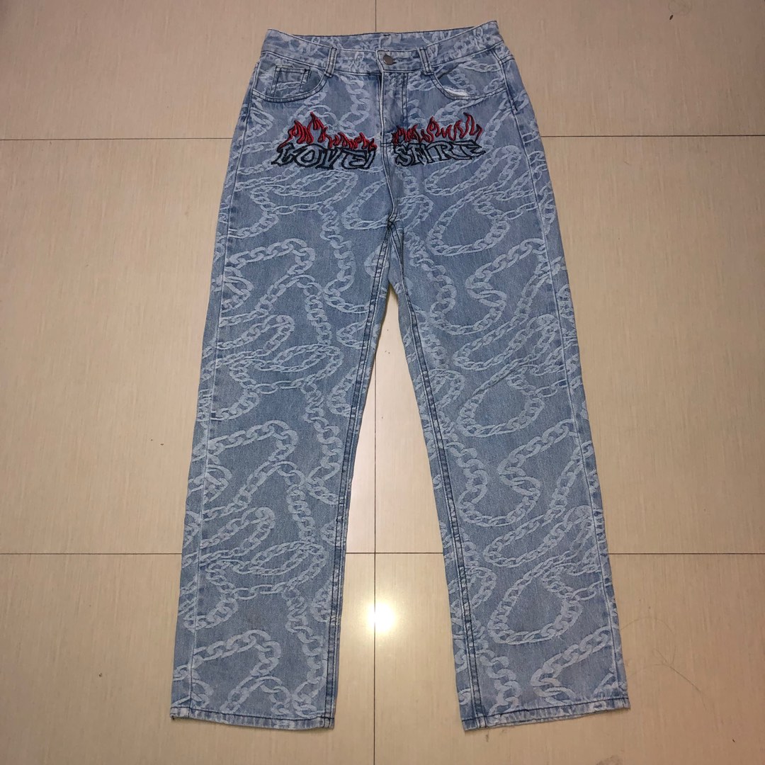 y2k "Love is fire" pants, Men's Fashion, Bottoms, Jeans on Carousell