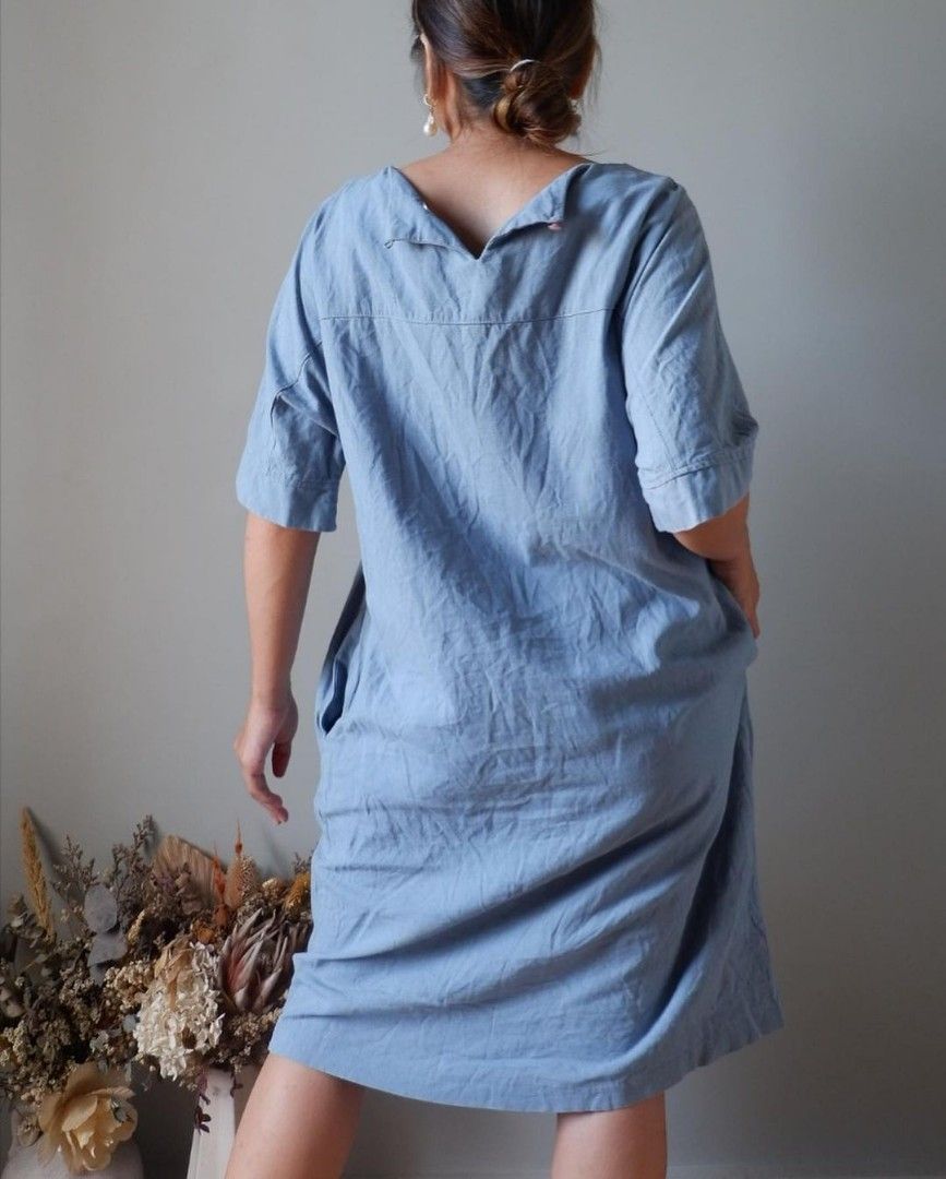 Aegean Blue Basic Linen Dress with Side Pocket Details, Women's Fashion ...