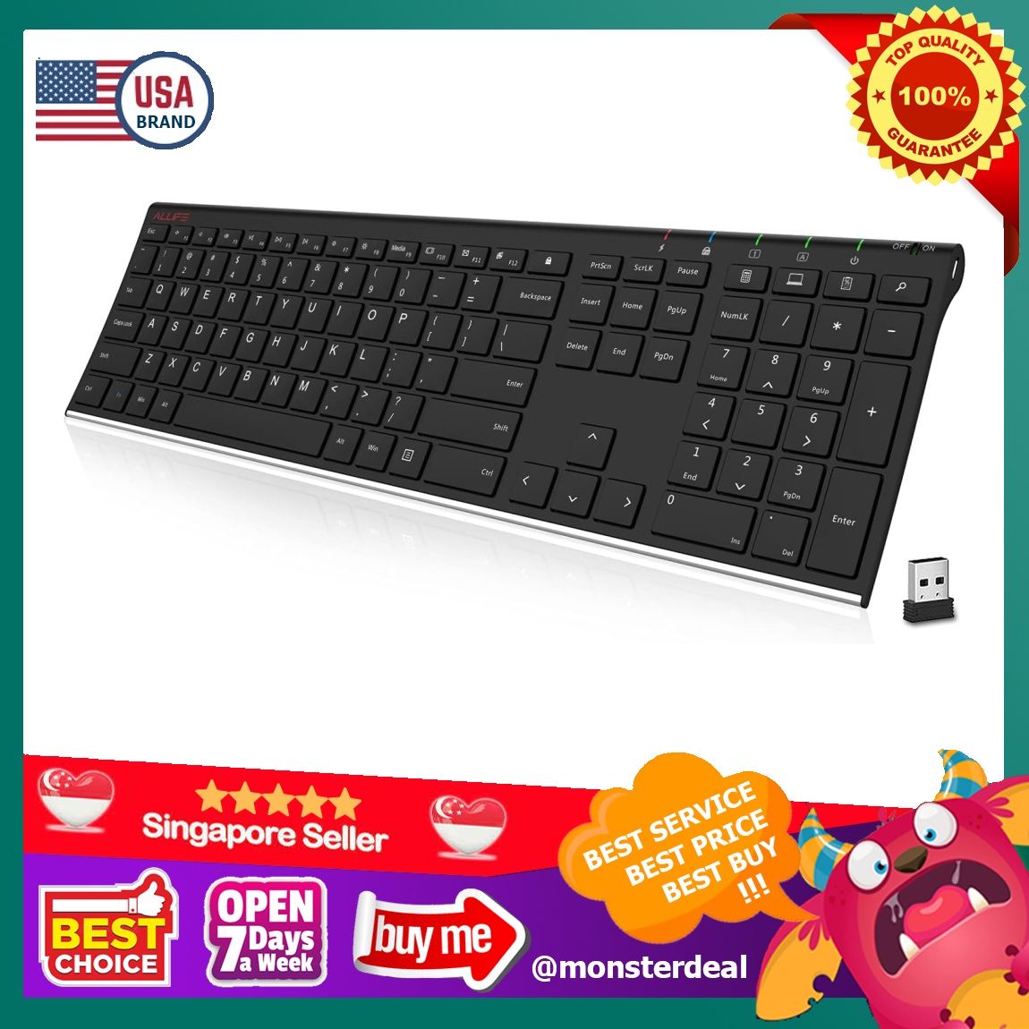 ALLIFE 2.4G Wireless Keyboard Stainless Steel Ultra Slim Full Size ...