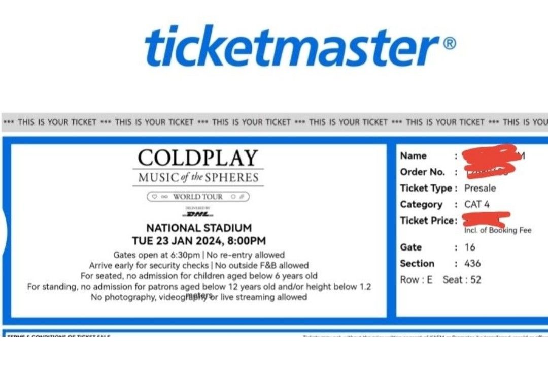 Coldplay ticket (23 Jan), Tickets & Vouchers, Event Tickets on Carousell