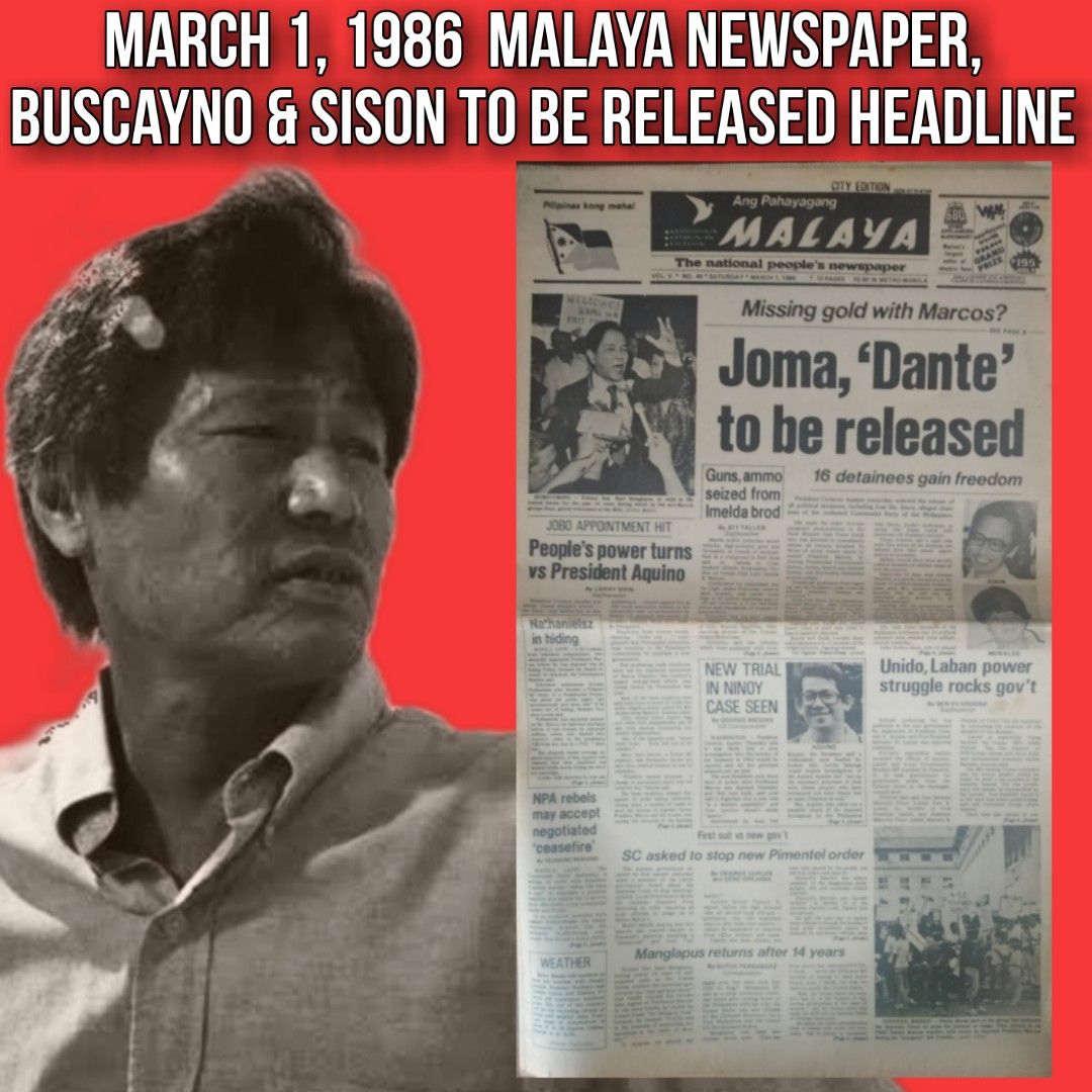 (EXTREMELY RARE) March 1, 1986 Malaya Newspaper, Buscayno & Sison To Be ...