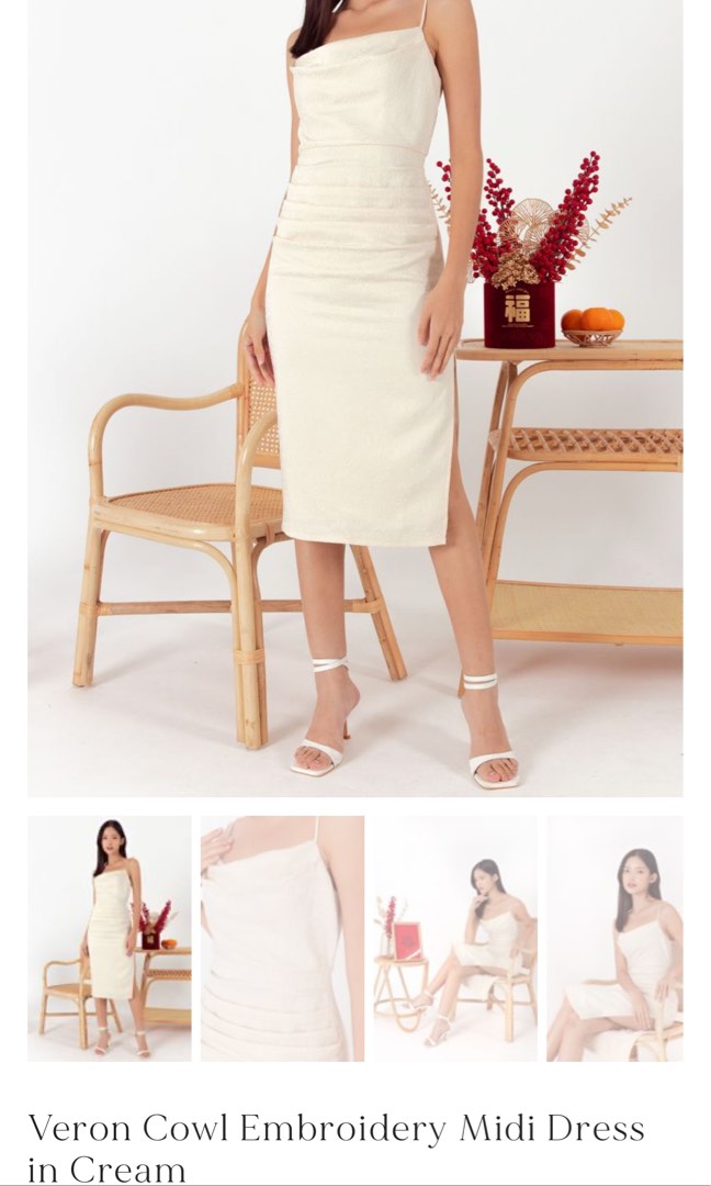 [Mikayla] Veron Cowl Embroidery Midi Dress in Cream, Women's Fashion, Dresses & Sets, Dresses on ...