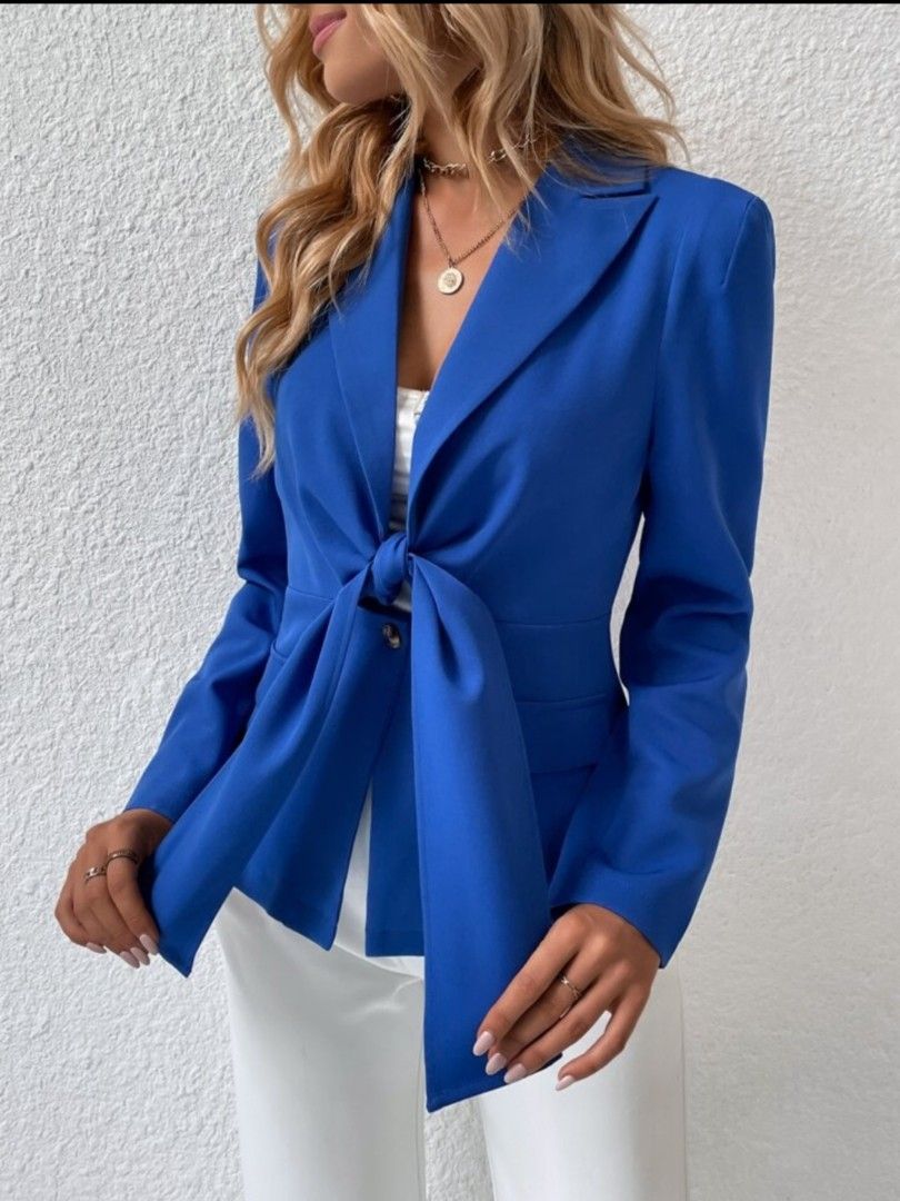 Royal Blue Lapel Collar Knot Front Puff Blazer Coat, Women's Fashion ...