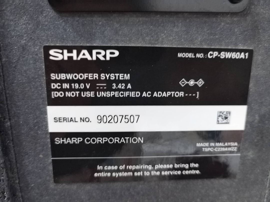 Sharp Wireless Active Subwoofer ( CP-SW60A1), Audio, Soundbars ...