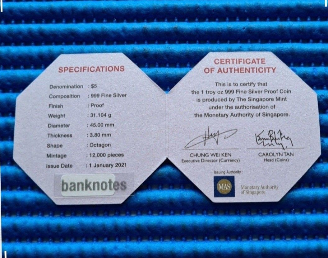 2021 Singapore Lunar Year of the OX $5 Octagon Shaped Silver Proof Coin ...