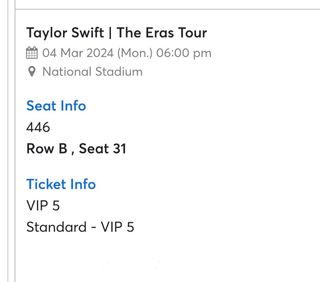 Taylor Swift Eras Tour 6 March VIP 1 Tickets, Tickets & Vouchers, Event ...