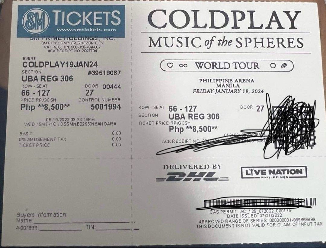 Coldplay Day 1 Ticket - UBA, Tickets & Vouchers, Event Tickets on Carousell