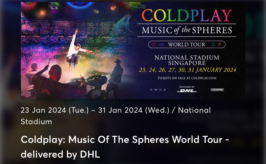 Coldplay Singapore CAT 1 Section 116 Row S 27 Jan 2024, Tickets ...