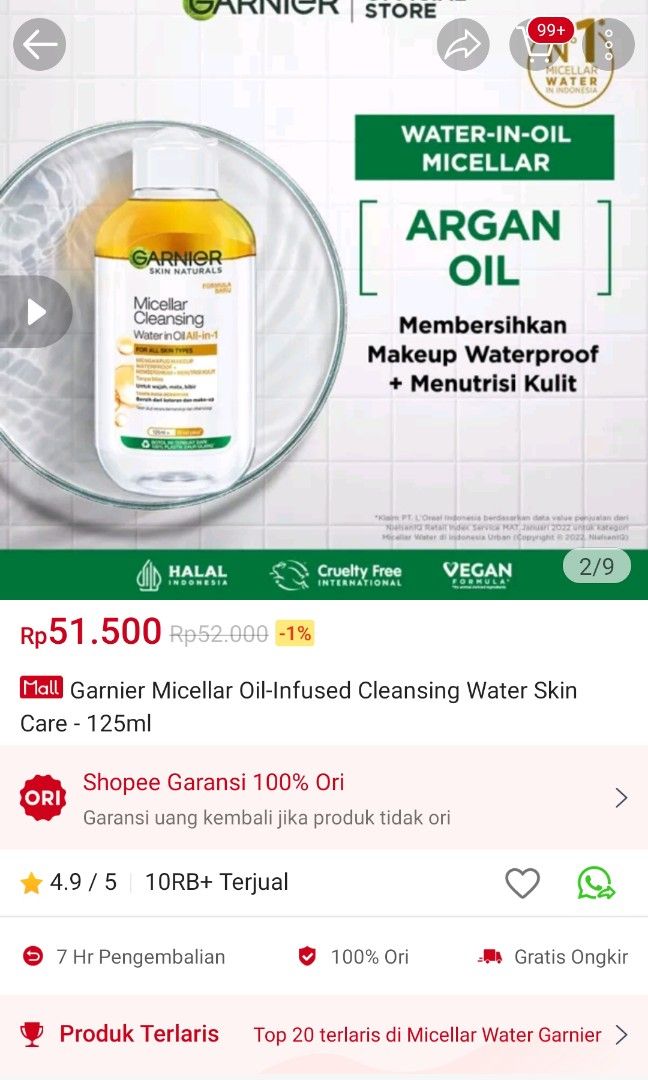 Garnier Micellar Water 125ml, Kesehatan & Kecantikan, Rias Wajah di Carousell
