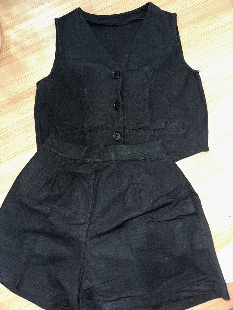 Linen black vest shorts coordinates set, Women's Fashion, Dresses ...