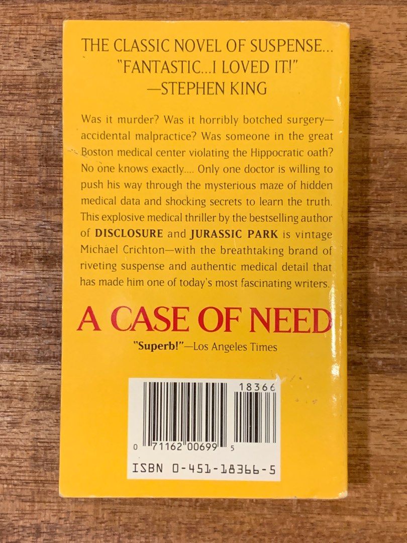 MICHAEL CRICHTON WRITING AS JEFFERY HUDSON; A CASE OF NEED, Hobbies ...