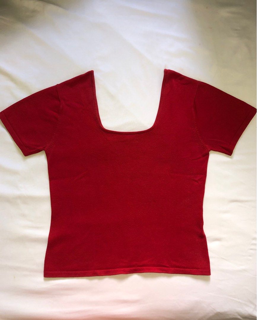 MS Red Square Neck Top, Women's Fashion, Tops, Shirts on Carousell