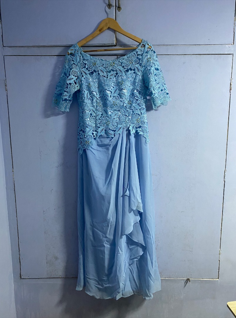 Ninang Gown - Blue Motif, Women's Fashion, Dresses & Sets, Evening ...
