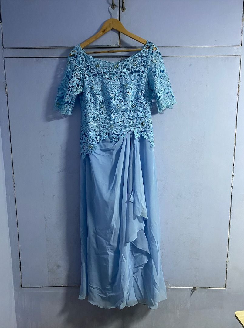 Ninang Gown - Blue Motif, Women's Fashion, Dresses & Sets, Evening ...