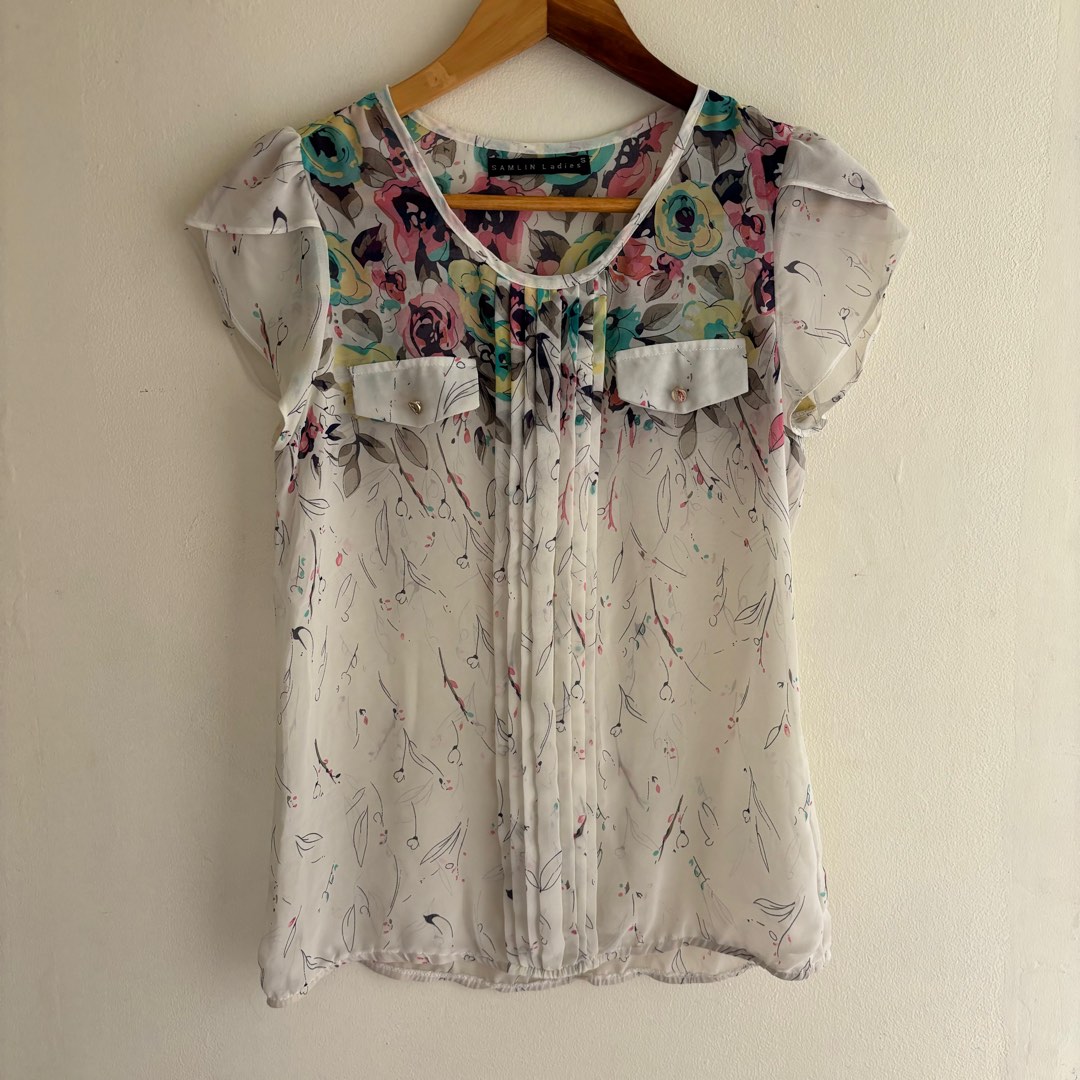 [SAMLIN LADIES] White Floral Blouse, Women's Fashion, Tops, Blouses on ...