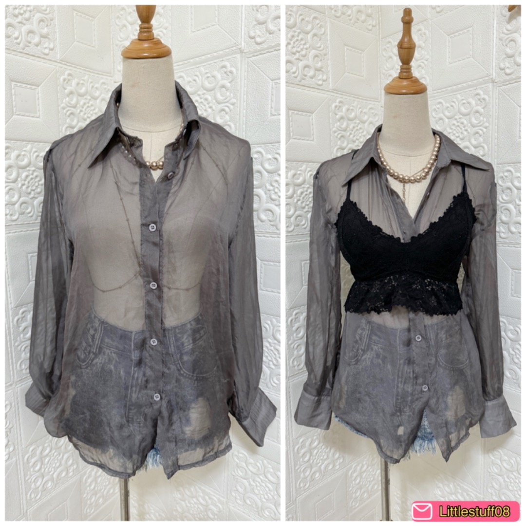 See Through Gray Buttondown Shirt, Women's Fashion, Tops, Longsleeves ...