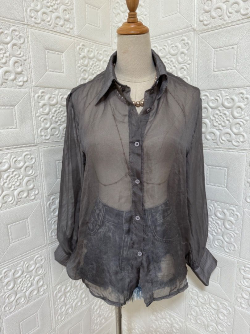 See Through Gray Buttondown Shirt, Women's Fashion, Tops, Longsleeves ...