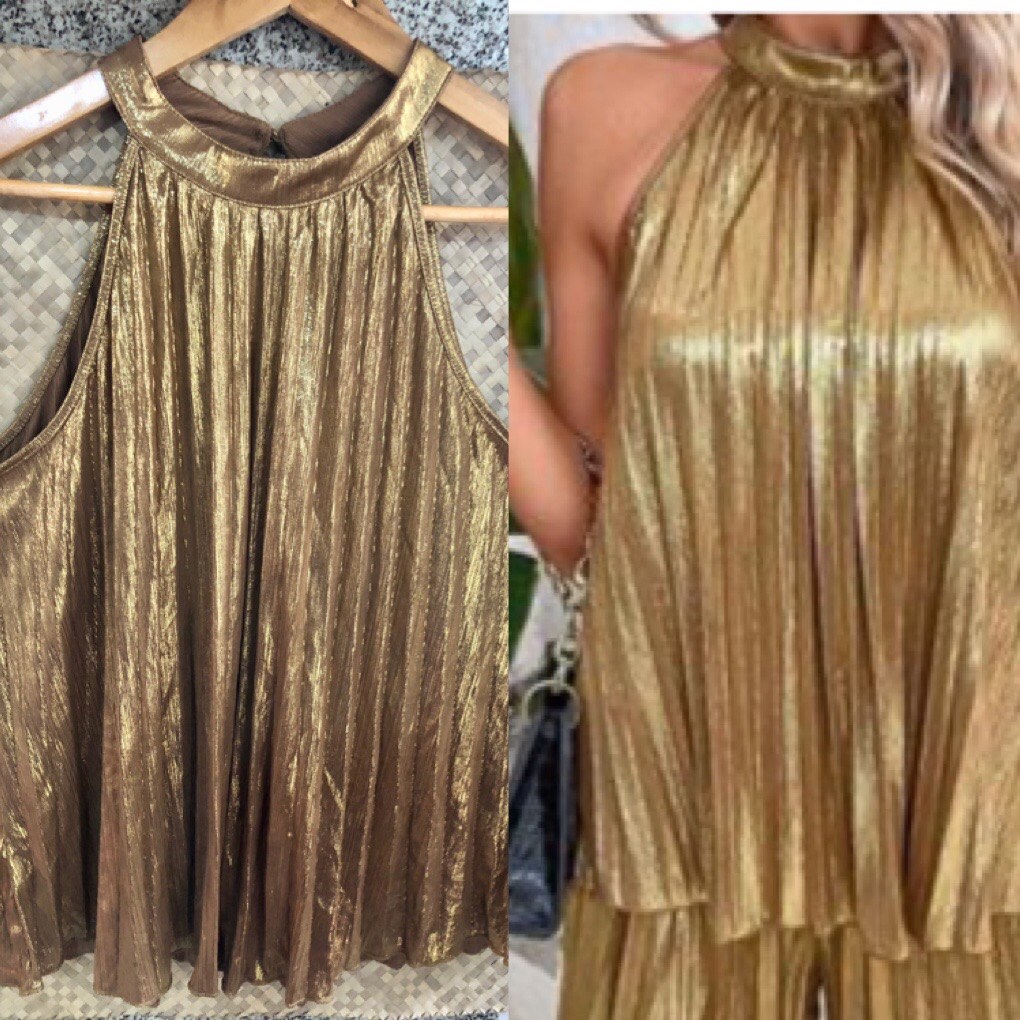 Shein metallic gold wlwctro pleated halter top, Women's Fashion, Tops ...