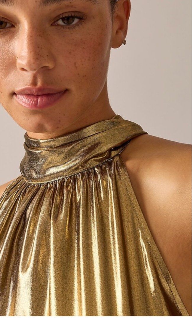 Shein metallic gold wlwctro pleated halter top, Women's Fashion, Tops ...