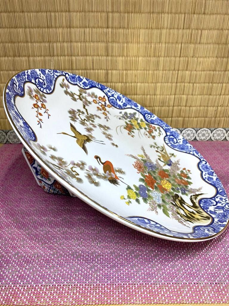 Shibata Toki beautiful floral and cranes big porcelain plate with gold ...