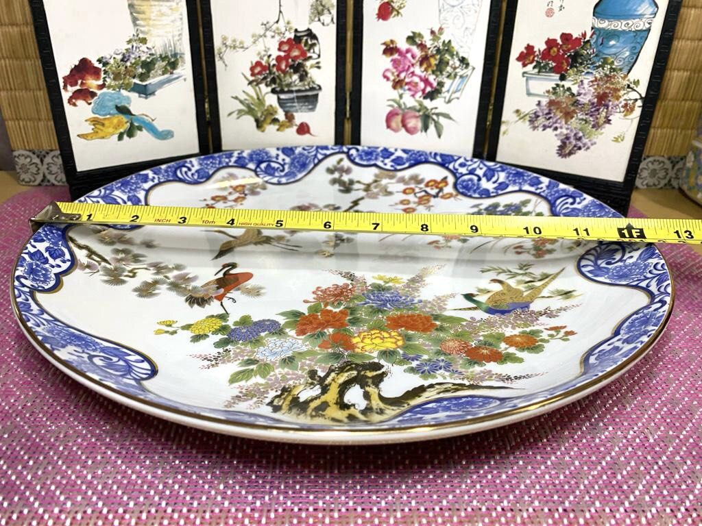 Shibata Toki beautiful floral and cranes big porcelain plate with gold ...