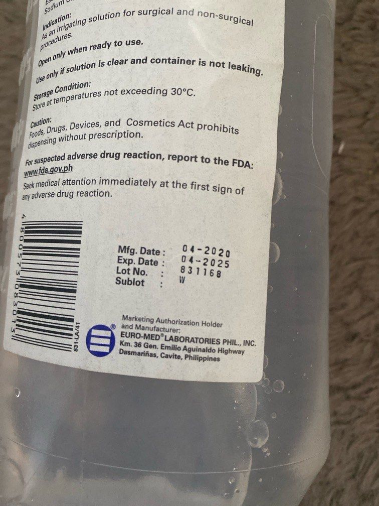 1 Liter Saline Solution (Irrigation solution), Health & Nutrition ...