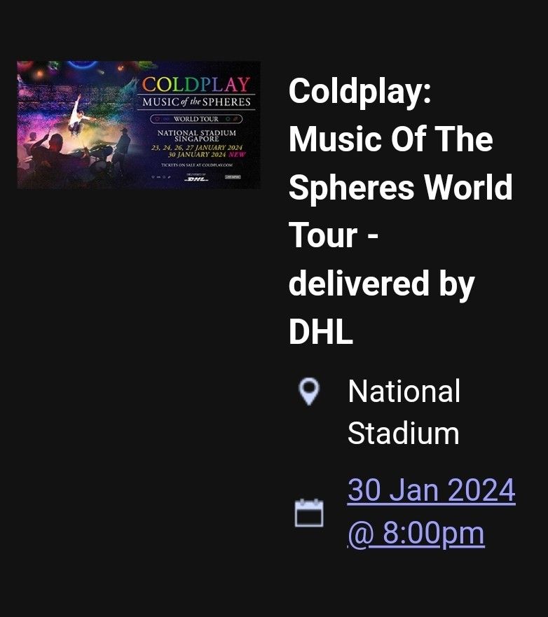 Coldplay Standing (2 tickets for $336) - 30 Jan, Tickets & Vouchers ...
