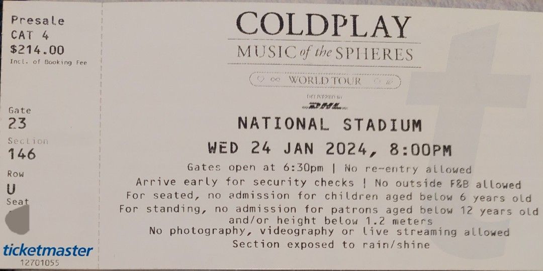 COLDPLAY TICKET 24 JAN, Tickets & Vouchers, Event Tickets on Carousell