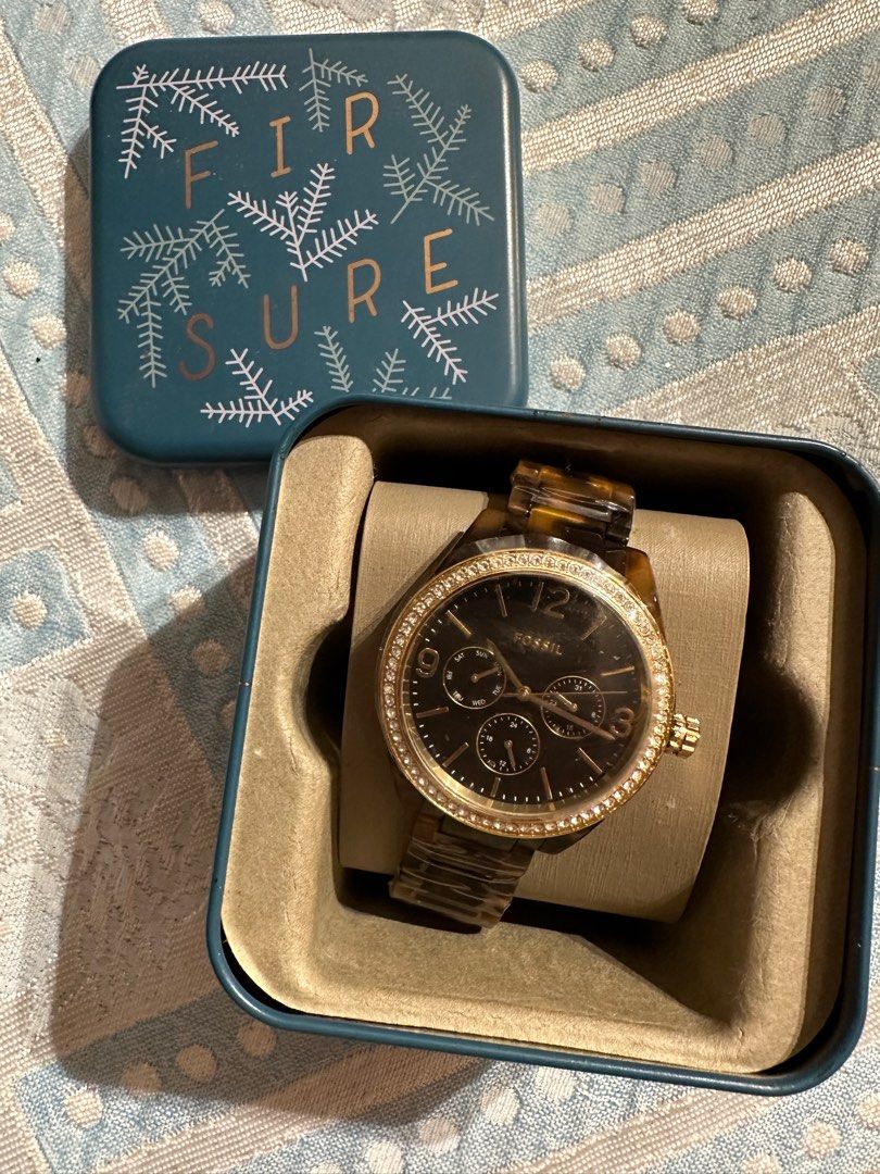 Fossil ladies watch black dial diamonds bezel, Women's Fashion, Watches ...