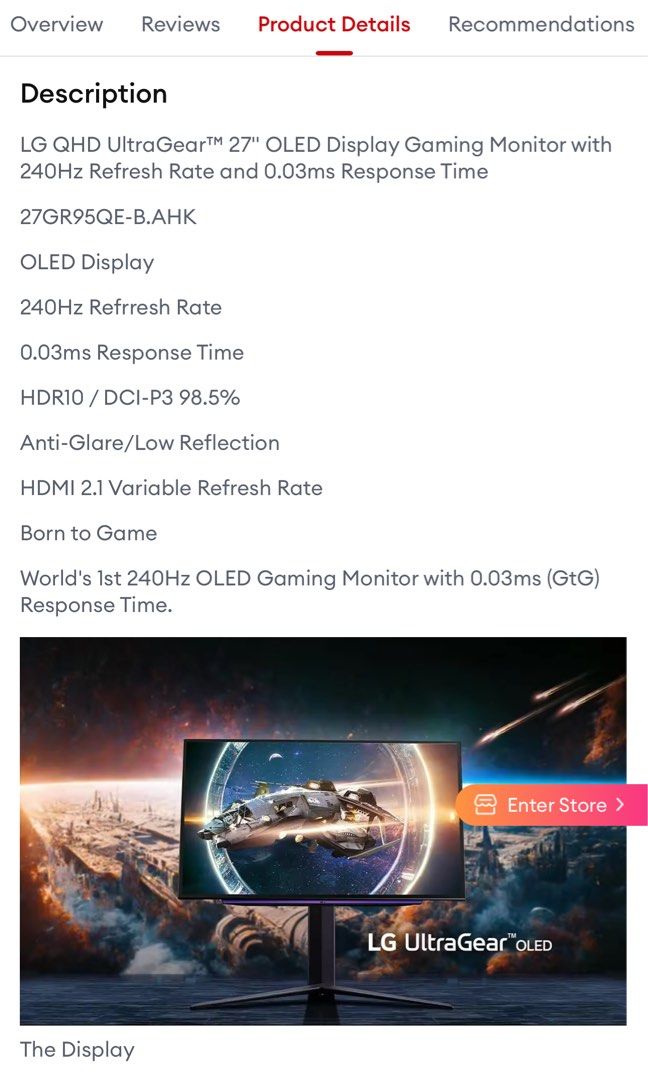 LG OLED UltraGear 27-inch 240Hz 27GR95QE-B Gaming Monitor, Computers ...