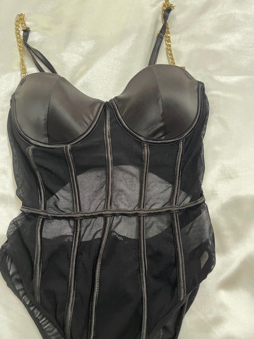Black Bodycon teddy Corset with Boning and Gold Chain Link Strap, Women ...