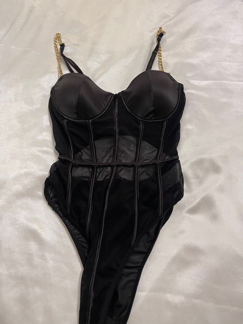 Black Bodycon teddy Corset with Boning and Gold Chain Link Strap, Women ...