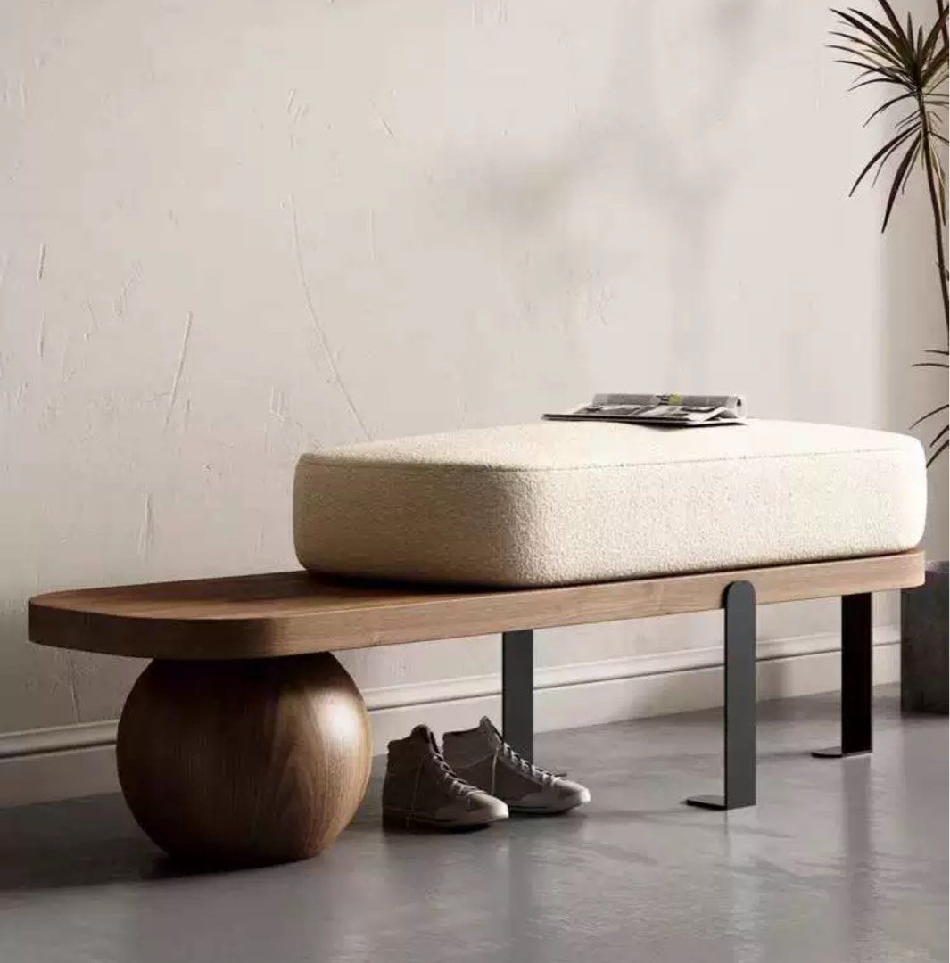 PARIL Modern Solid Wood Boucle Bench, Furniture & Home Living ...