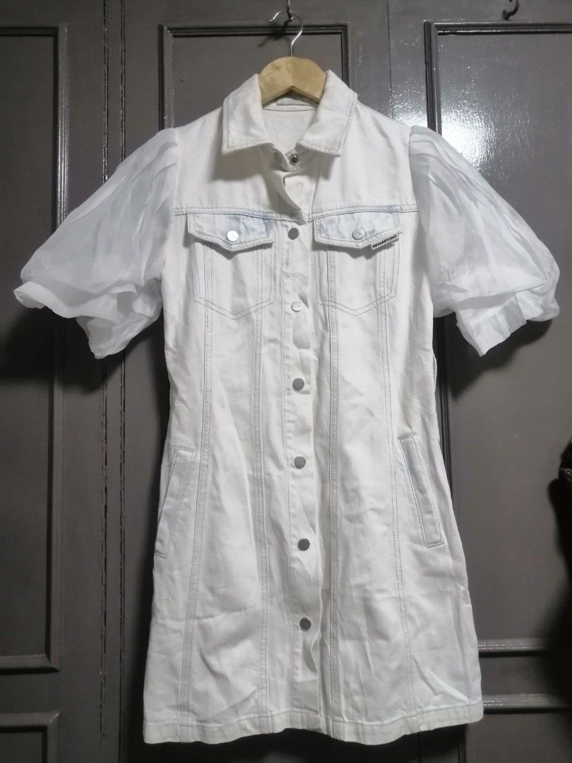 RARE White Denim Button Down Puff Sleeves Dress, Women's Fashion ...