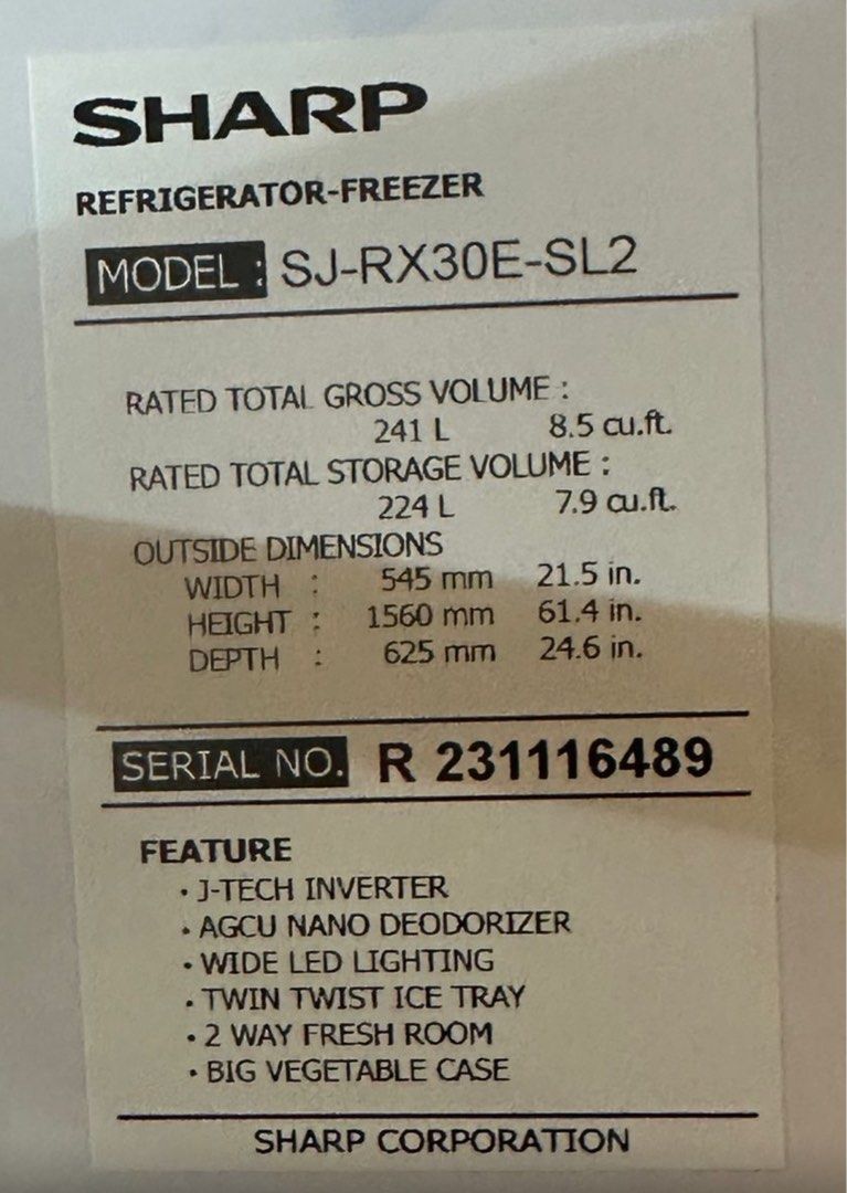 Sharp Two Doors Fridge SJ-RX30E-SL2 225L J, TV & Home Appliances ...