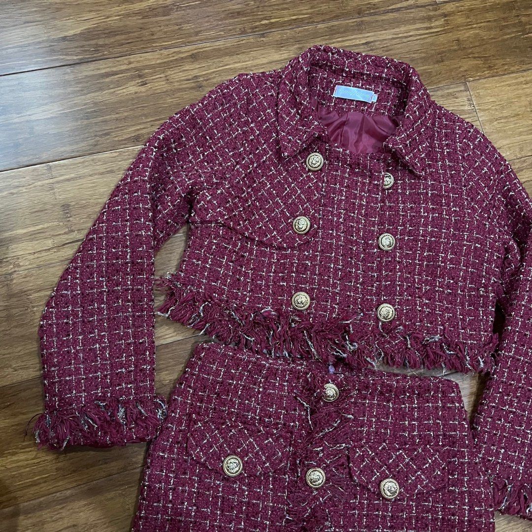 Tweed Cropped Jacket + Skirt Set, Women's Fashion, Coats, Jackets and ...