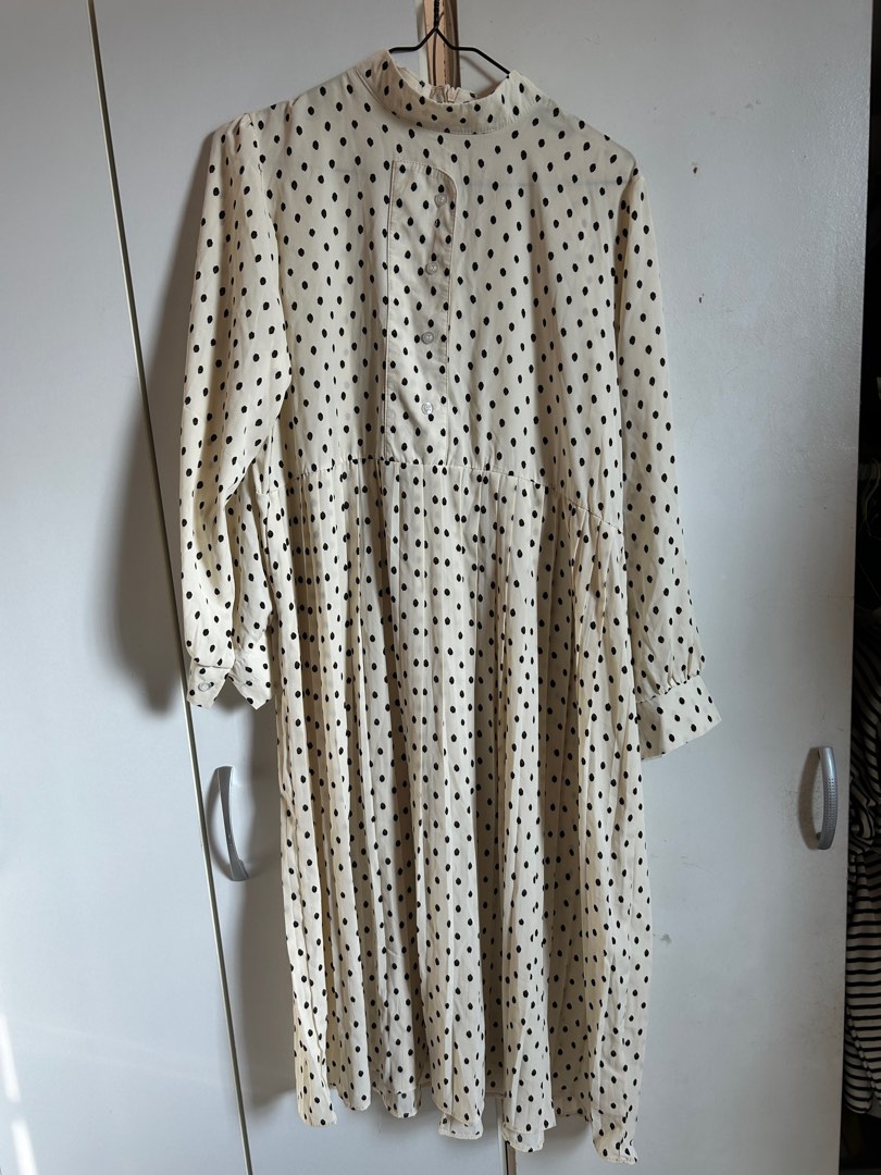 二手 mosee 點點 高領 雪紡 寬鬆 長袖 長洋裝 連身裙 連身衣 孕婦可穿, 她的時尚, 洋裝＆套裝, 洋裝在旋轉拍賣