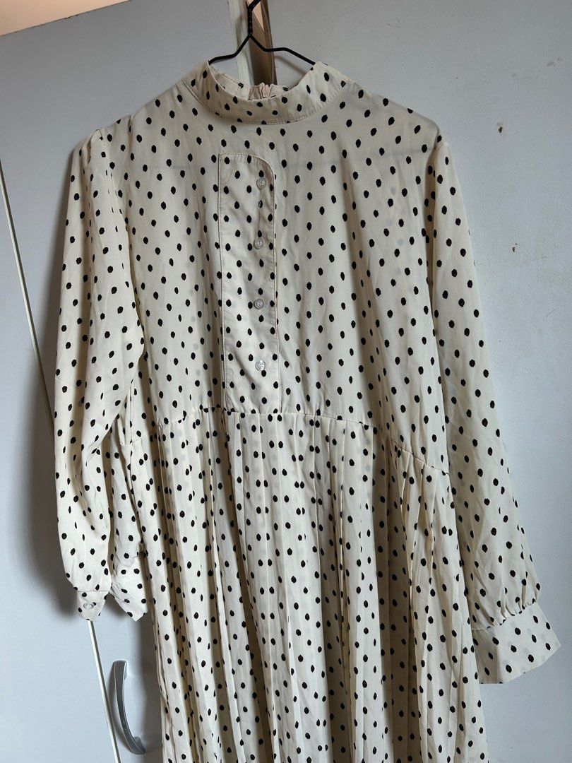 二手 mosee 點點 高領 雪紡 寬鬆 長袖 長洋裝 連身裙 連身衣 孕婦可穿, 她的時尚, 洋裝＆套裝, 洋裝在旋轉拍賣