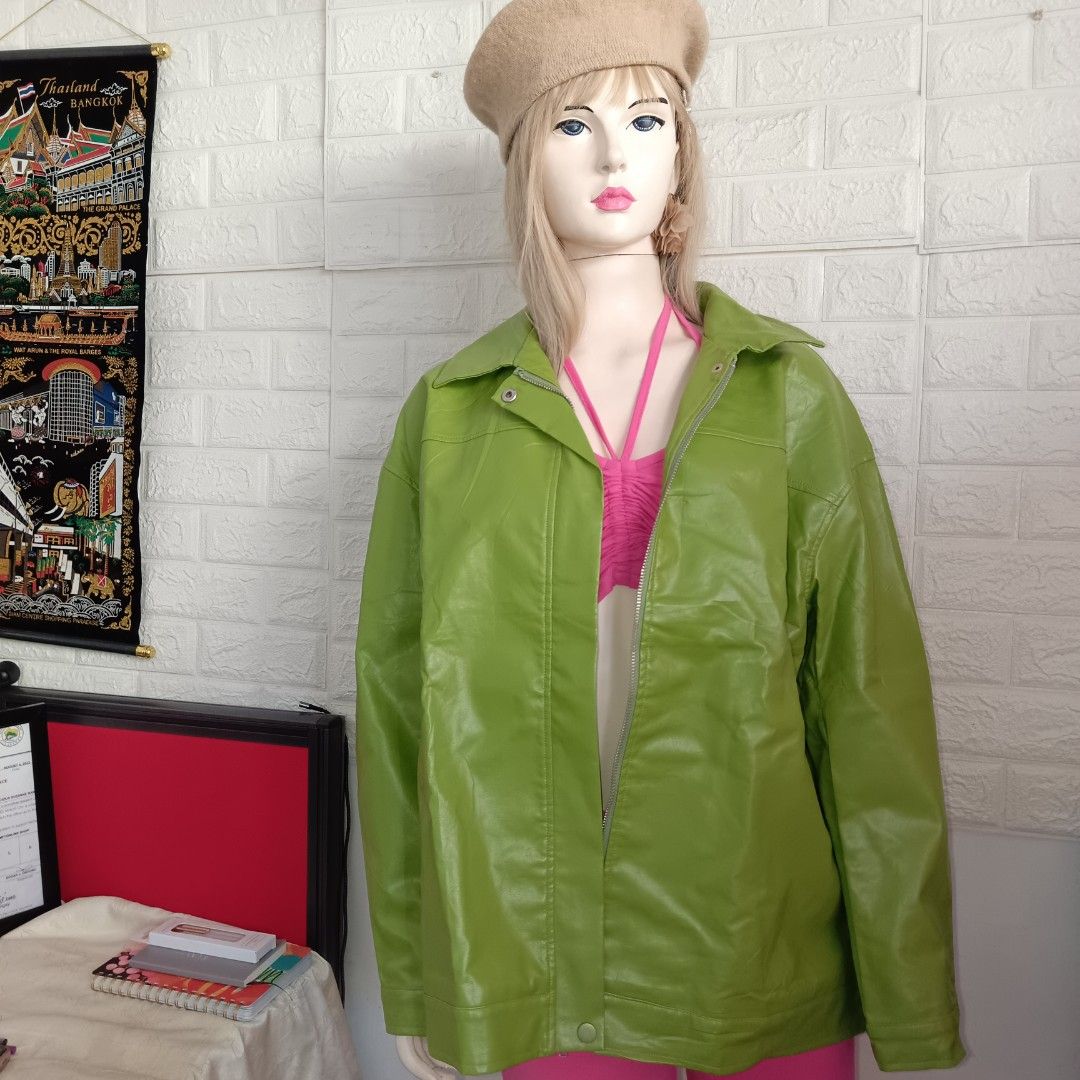 Apple Green Leather Jacket Large to XL, Women's Fashion, Coats, Jackets ...