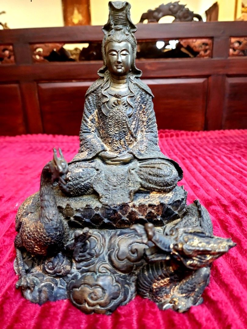 kwan yin bronze statue antique dragon pheonix, Hobbies & Toys ...